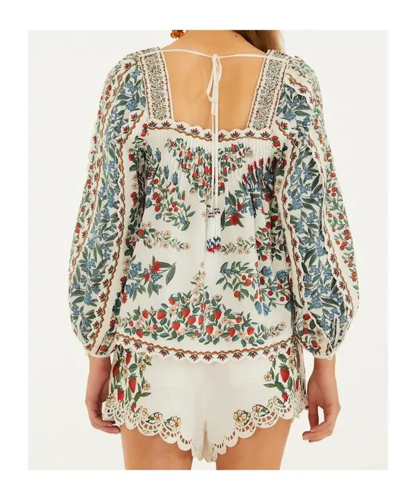 Farm Rio Floral Print Long Sleeve Square Neck Top - White