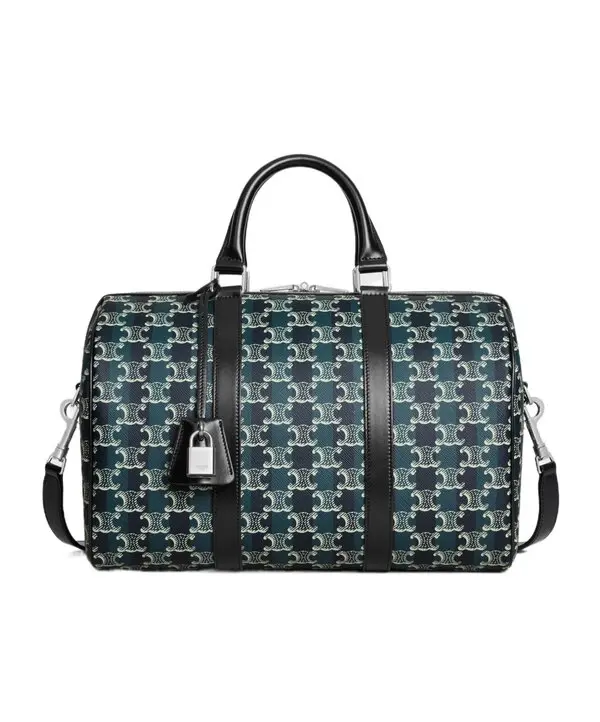Celine Large Boston Bag In Striped Triomphe Canvas And Calfskin - Black/navy Blue