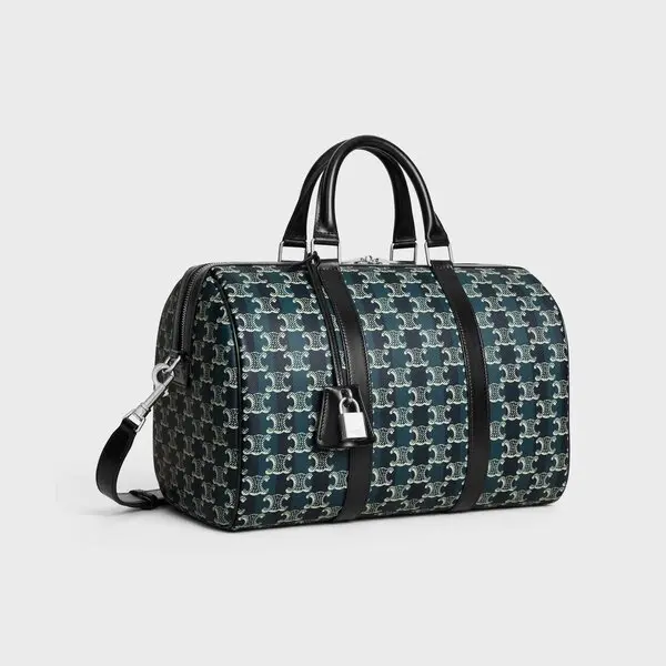 Celine Large Boston Bag In Striped Triomphe Canvas And Calfskin