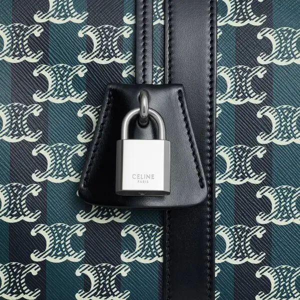 Celine Large Boston Bag In Striped Triomphe Canvas And Calfskin