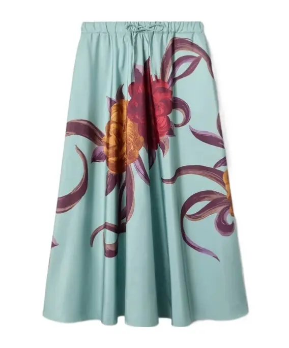 La DoubleJ Floral Print Midi Skirt With Drawstring Waist