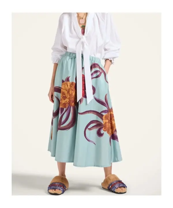 La DoubleJ Floral Print Midi Skirt With Drawstring Waist