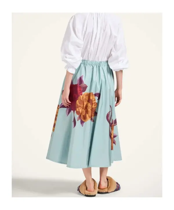 La DoubleJ Floral Print Midi Skirt With Drawstring Waist