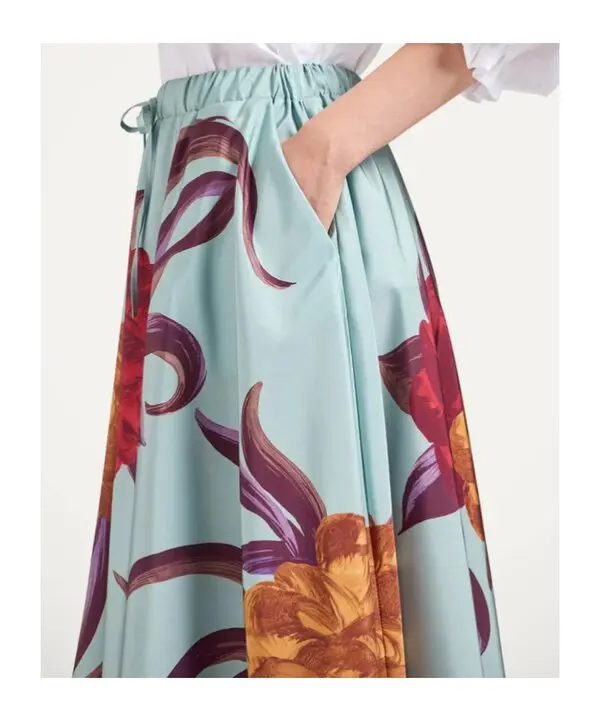 La DoubleJ Floral Print Midi Skirt With Drawstring Waist