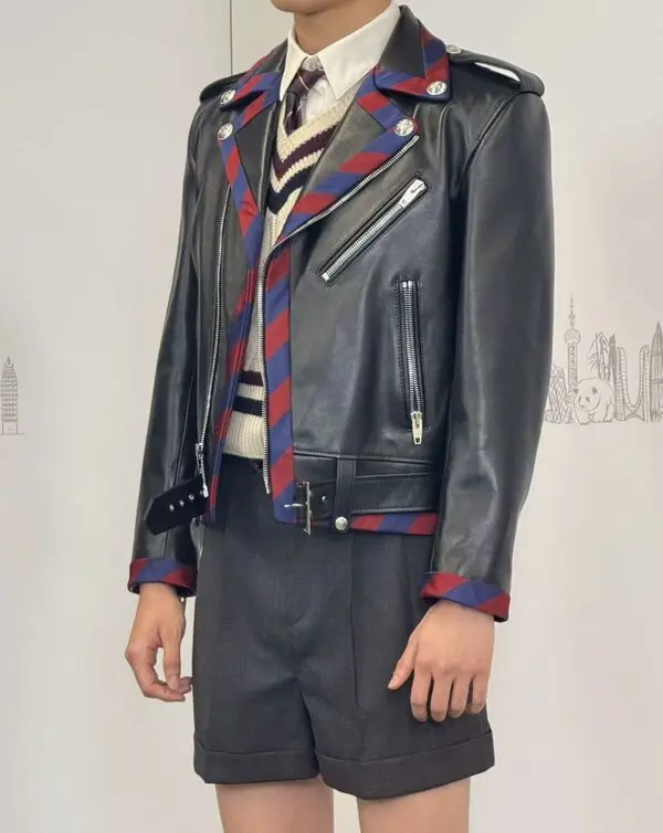 Celine Braided Biker Jacket In Calfskin With Striped Trim