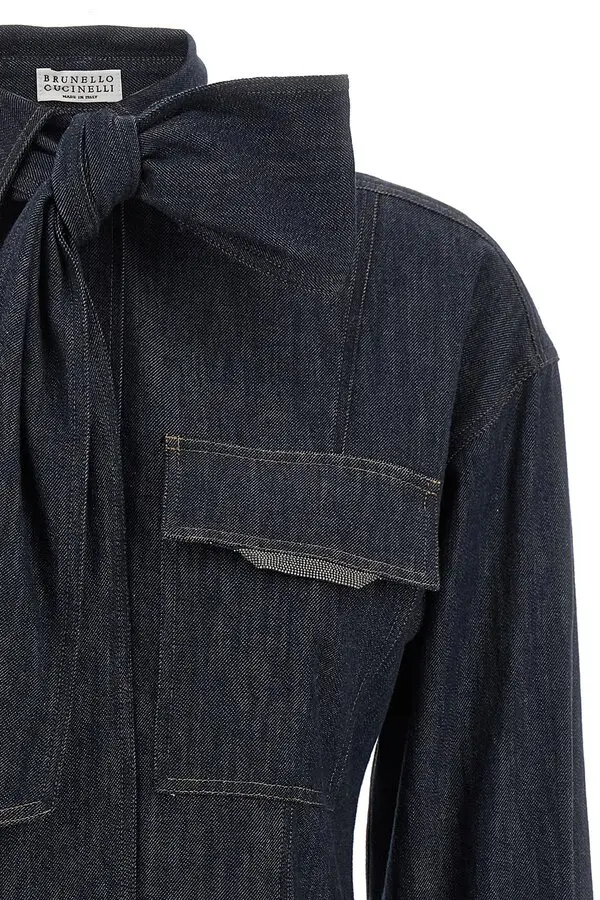 Brunello Cucinelli Long Sleeve Denim Shirt With Removable Bow Tie - Black