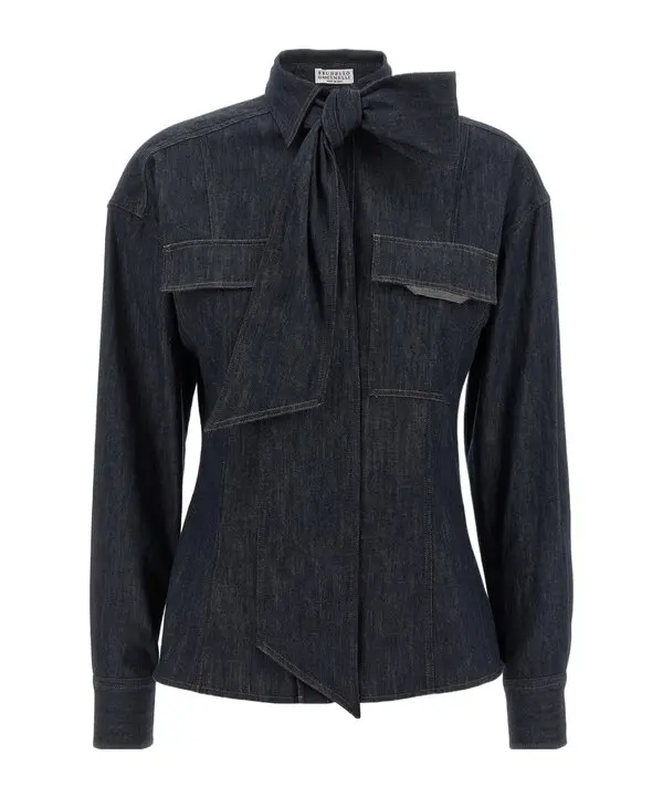 Brunello Cucinelli Long Sleeve Denim Shirt With Removable Bow Tie - Black