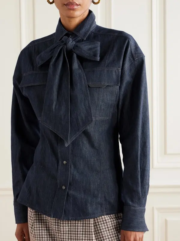 Brunello Cucinelli Long Sleeve Denim Shirt With Removable Bow Tie - Black