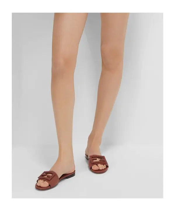 Fendi Baguette Logo Patch Slides - Brown