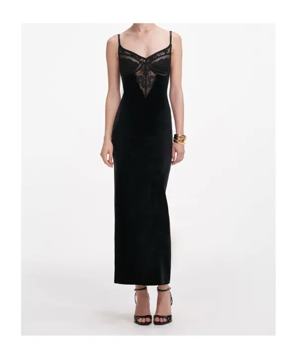 SELF-PORTRAIT Velvet Strappy Lace Midi Dress