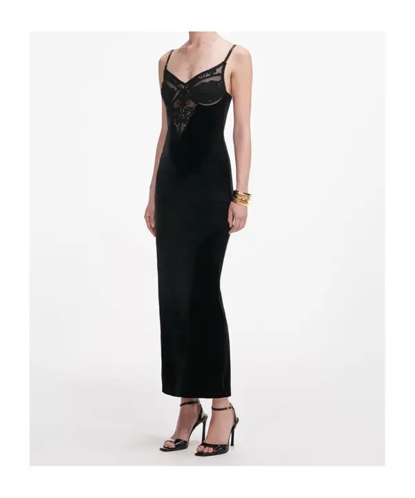 SELF-PORTRAIT Velvet Strappy Lace Midi Dress