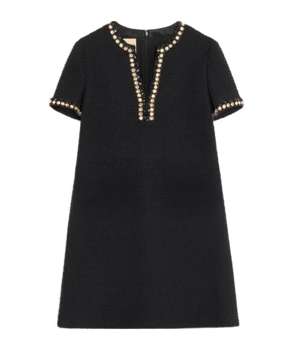 Valentino Garavani Embroidered Canestrello Tweed Mini Dress - Black
