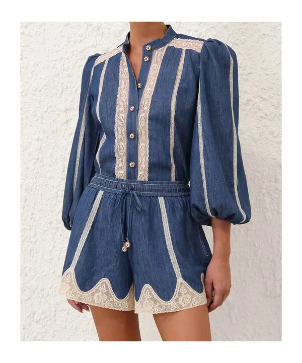 Zimmermann Awaken Denim Shirt With Crochet Floral Buttons
