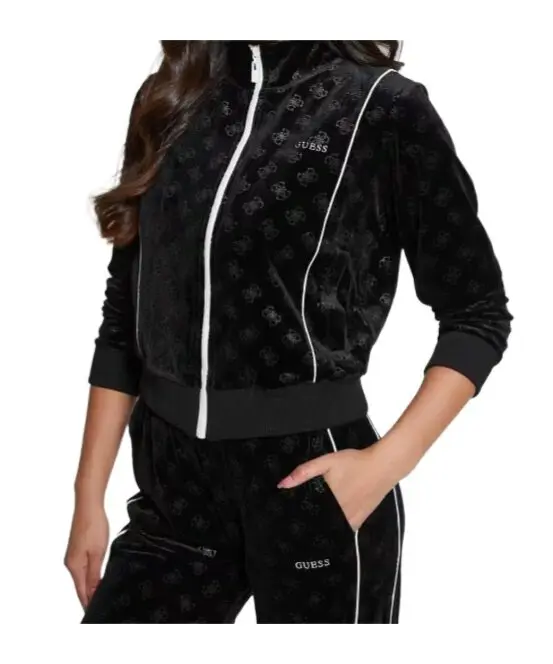 Guess Embossed Logo Velour Zip-up Sweater