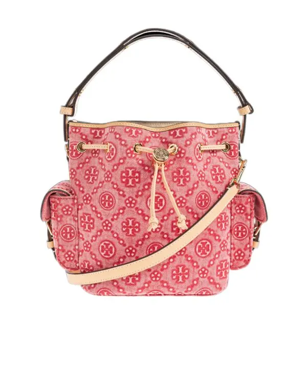Tory Burch T Monogram Denim Bucket Bag - Red