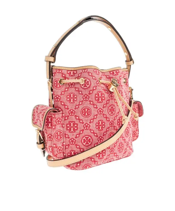 Tory Burch T Monogram Denim Bucket Bag - Red