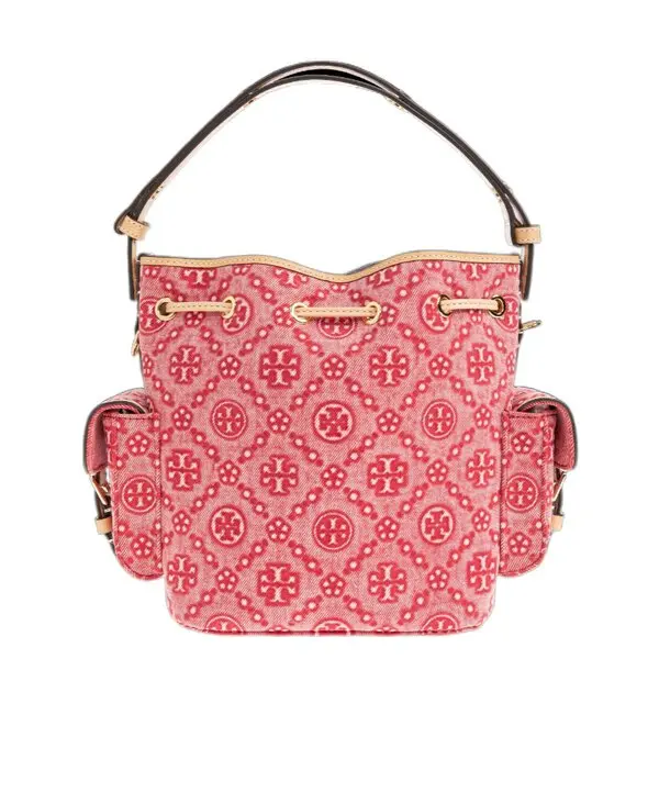 Tory Burch T Monogram Denim Bucket Bag - Red