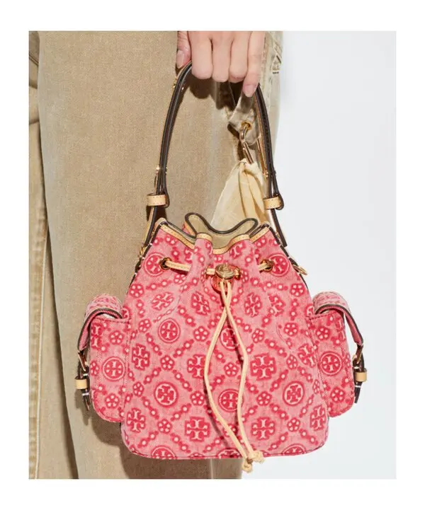 Tory Burch T Monogram Denim Bucket Bag - Red