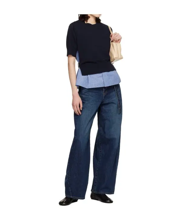 Sacai Short-sleeved Patchwork Knitwear With Striped Layer