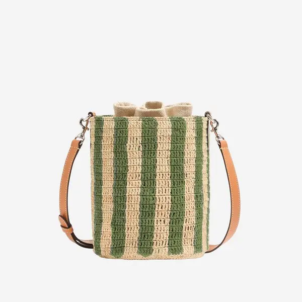 Valentino Garavani Striped Raffia Bucket Shoulder Bag - Green