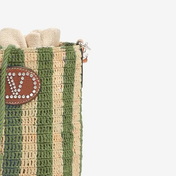 Valentino Garavani Striped Raffia Bucket Shoulder Bag - Green