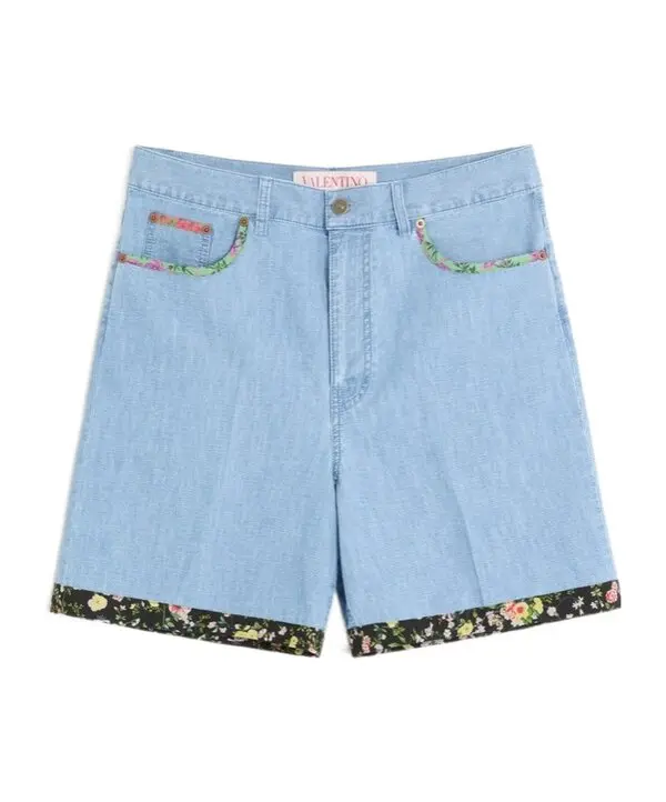 Valentino Garavani Floral Trim Denim Shorts - Blue