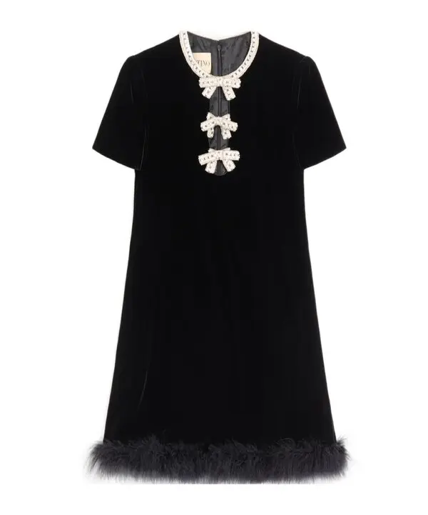 Valentino Garavani Embroidered Sablé Velvet Short Dress With Bows And Rhinestones
