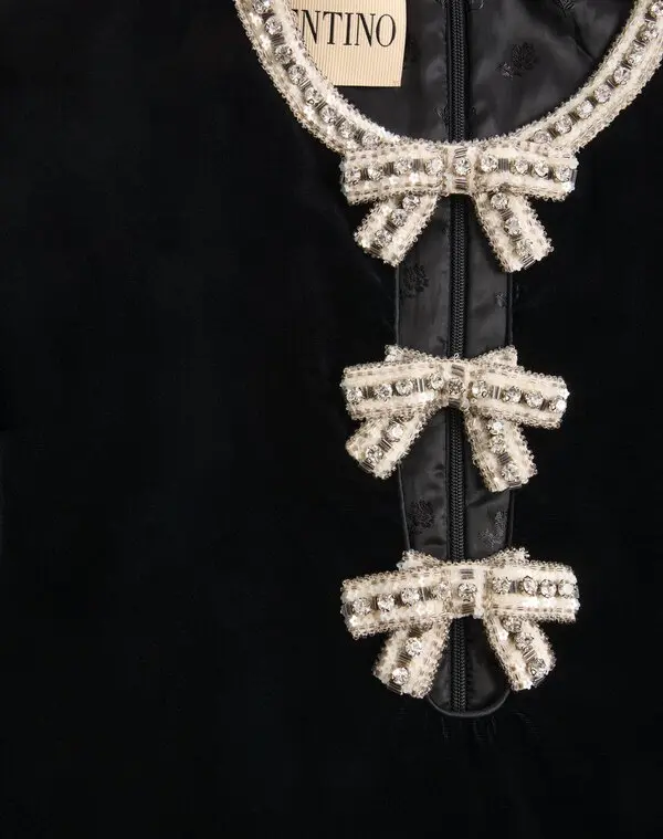 Valentino Garavani Embroidered Sablé Velvet Short Dress With Bows And Rhinestones