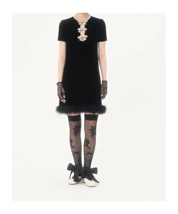 Valentino Garavani Embroidered Sablé Velvet Short Dress With Bows And Rhinestones