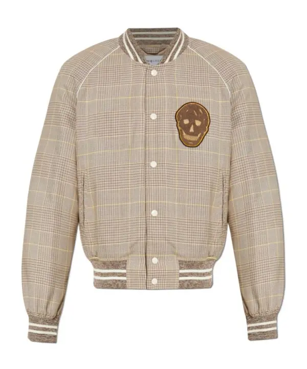 Alexander McQueen Checked Bomber Jacket With Skull Patch - Beige