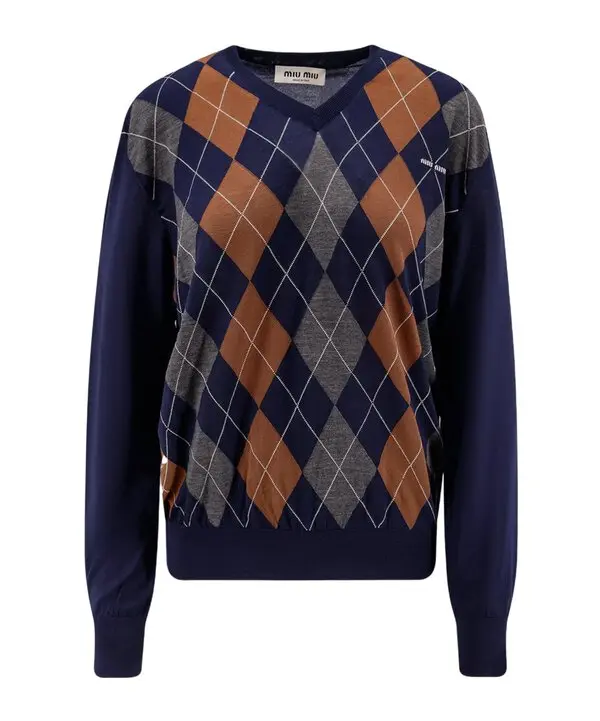Miu Miu V-neck Argyle Wool Sweater - Blue