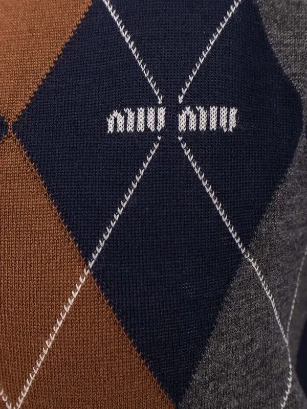 Miu Miu V-neck Argyle Wool Sweater - Blue