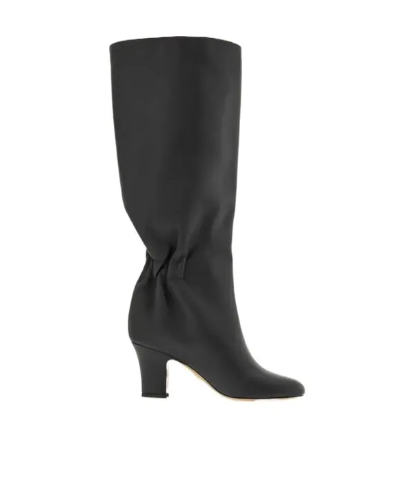 FERRAGAMO Knee High Ruched Leather Boots With Gancini Detail - Black