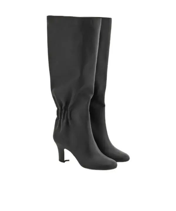 FERRAGAMO Knee High Ruched Leather Boots With Gancini Detail - Black