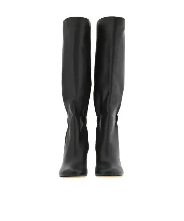 FERRAGAMO Knee High Ruched Leather Boots With Gancini Detail - Black