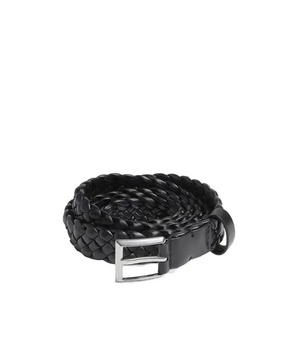 Bottega Veneta Woven Leather Belt With Metal Buckle - Black