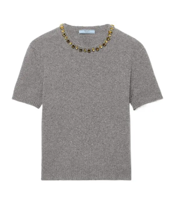 Prada Embellished Short Sleeved Jumper - Grey