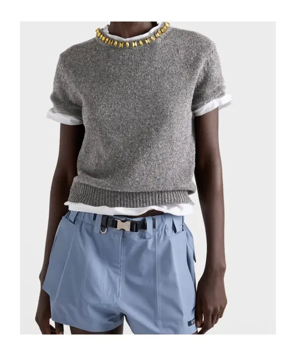 Prada Embellished Short Sleeve Jumper - Grey