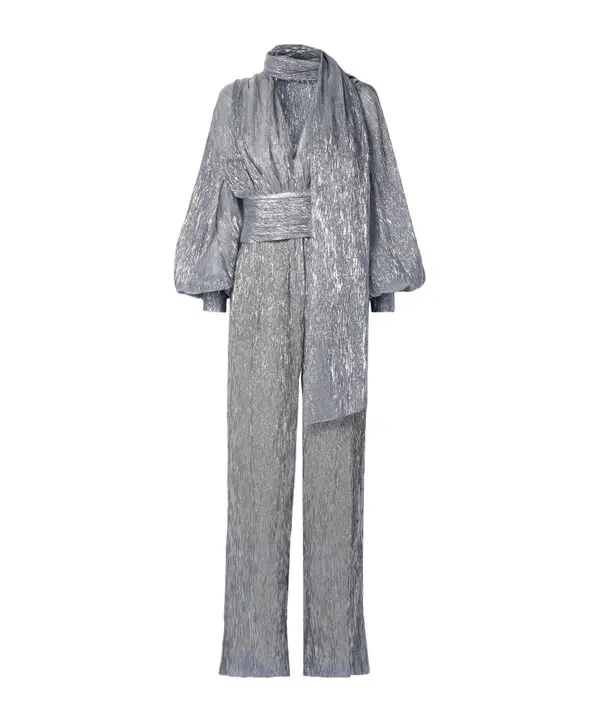 Oscar De La Renta Silver Plissé-lamé Neck-tie Jumpsuit - Gray
