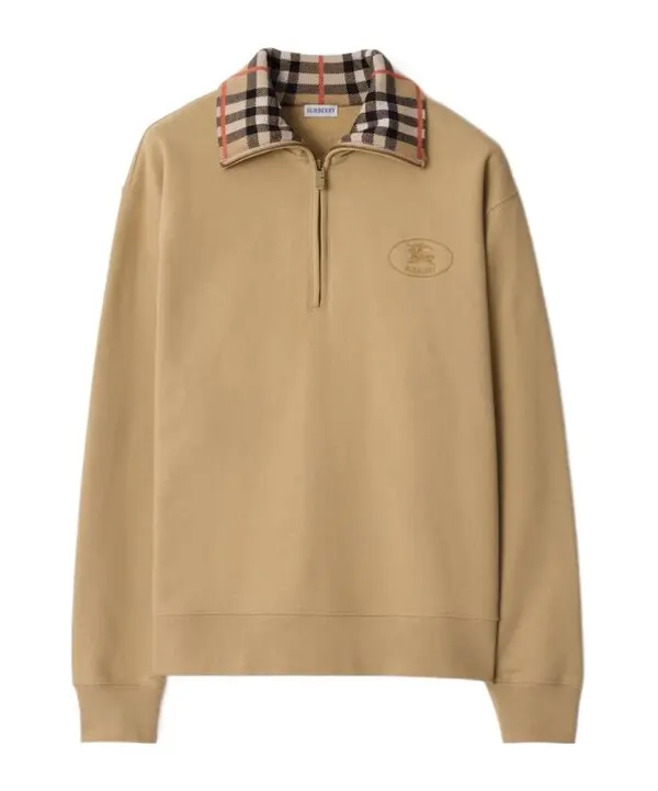 Burberry Check Collar Half-zip Sweatshirt - Flax