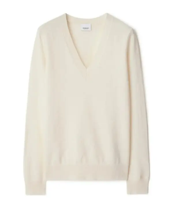 Burberry Logo Cashmere V-neck Sweater - Vanilla