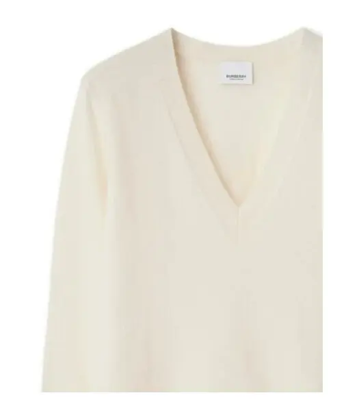Burberry Logo Cashmere V-neck Sweater - Vanilla