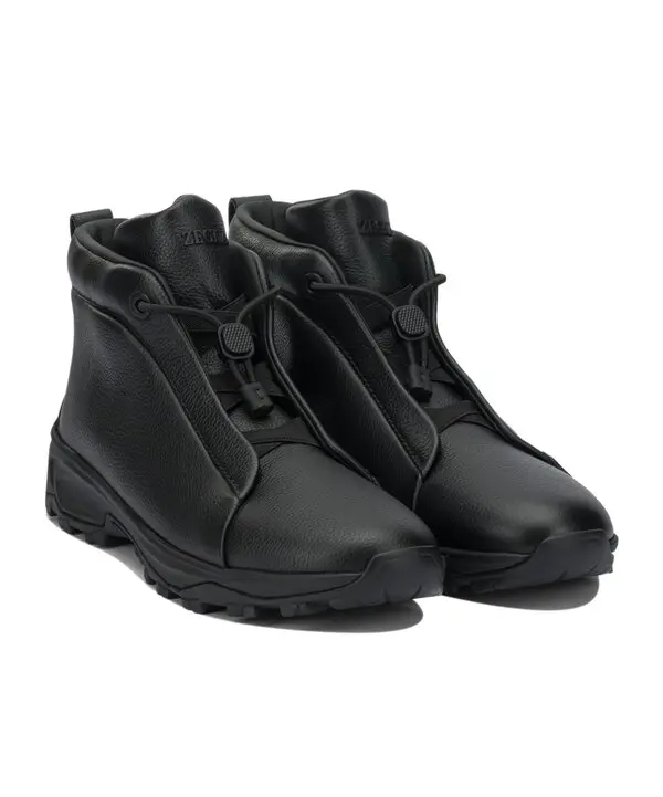Zegna Logo Embossed Ankle Boots With Drawstring And Pull Tab - Black