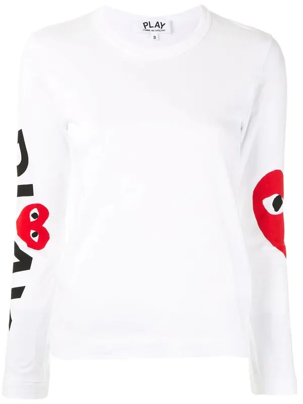 Play Comme Des Garcon Long Sleeve Crewneck Top With Heart And Logo Print - White