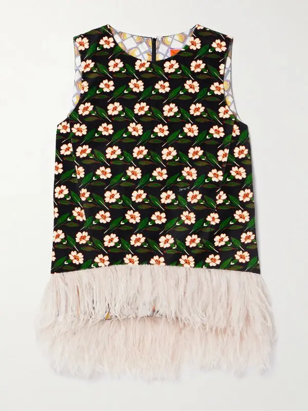 La DoubleJ Graphic Print Sleeveless Top With Feather Trim