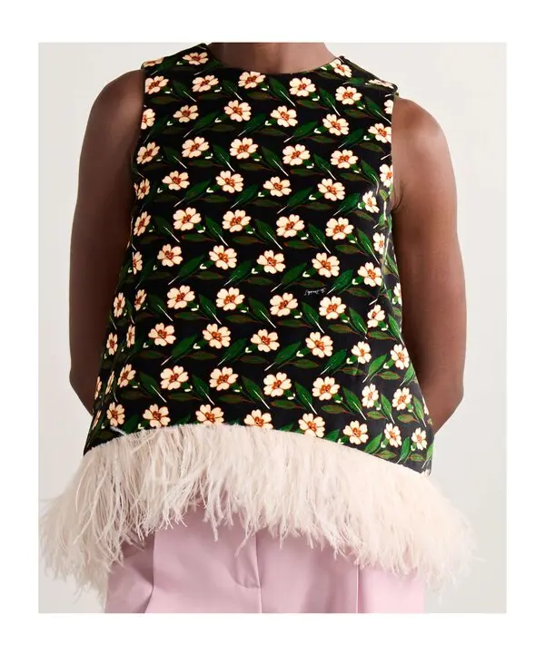 La DoubleJ Graphic Print Sleeveless Top With Feather Trim