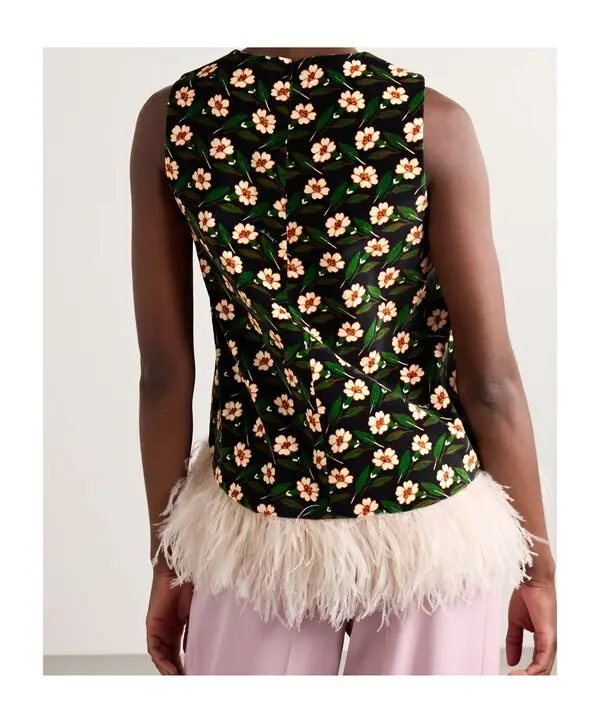La DoubleJ Graphic Print Sleeveless Top With Feather Trim
