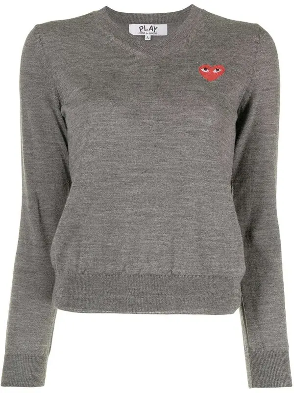 Play Comme Des Garcon Intarsia Knit Logo V-neck Jumper - Gray