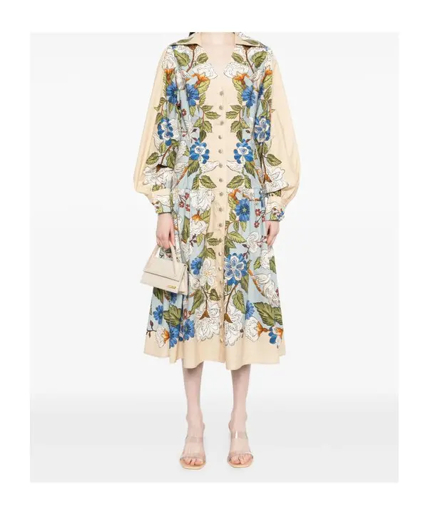 Farm Rio Printed Collared Long Sleeve Dress