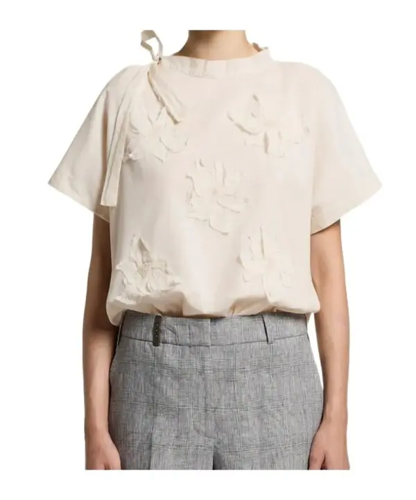 Peserico Floral Appliqué Tie Neck Top - White
